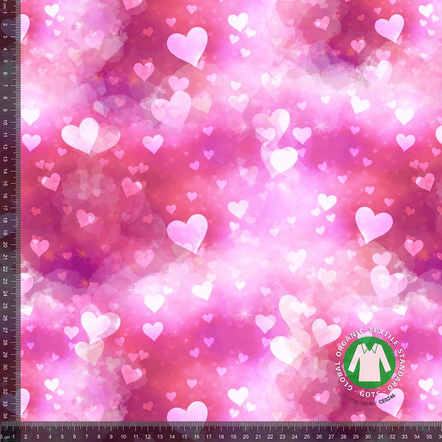 Jersey print med glimtende hjerter - pink - Jydsk stoflager