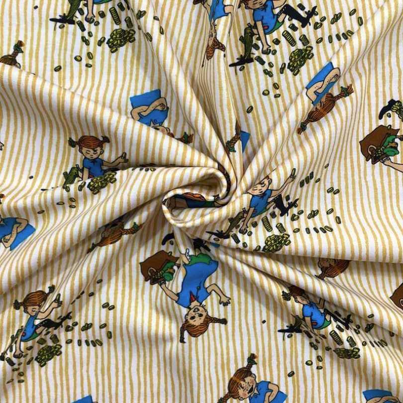 Jersey print med Pippi - Gule striber - Jydsk stoflager
